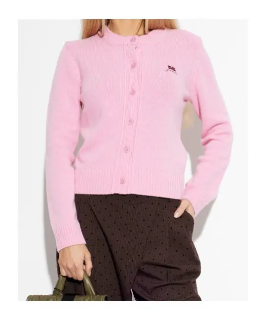 GANNI Wool Mix Cardigan With Embroidered Logo - Pink