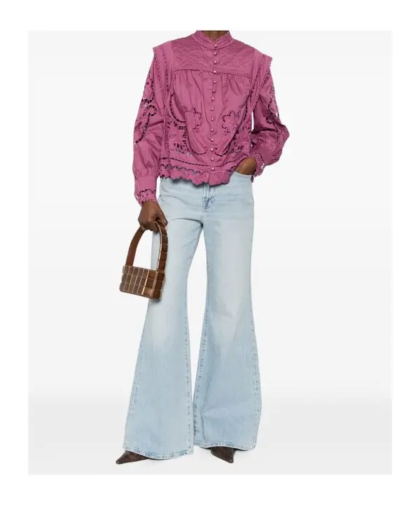 Farm Rio Floral Cut-out Long-sleeved Scalloped Shirt - Pink
