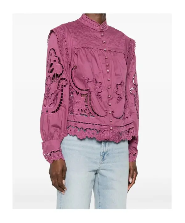 Farm Rio Floral Cut-out Long-sleeved Scalloped Shirt - Pink