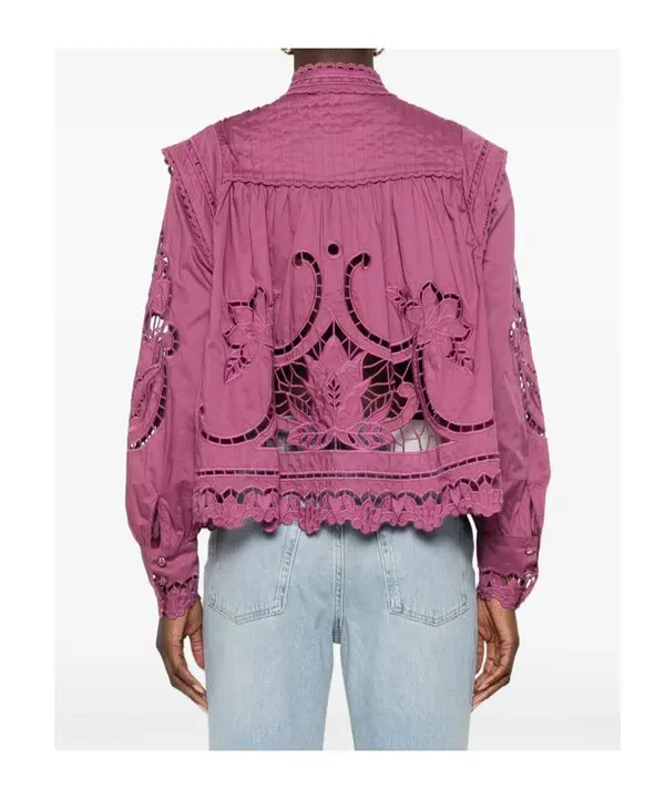 Farm Rio Floral Cut-out Long-sleeved Scalloped Shirt - Pink