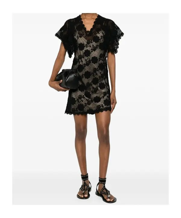 TWINSET Lace Mini Dress With Floral Appliqué And Scalloped Trim - Black