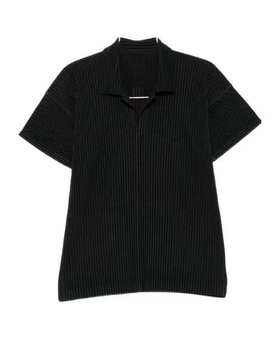 Issey Miyake Homme Plissé Pleated V-neck Polo Shirt - Black