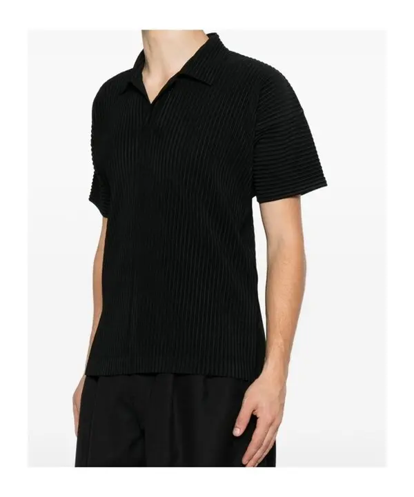 Issey Miyake Homme Plissé Pleated V-neck Polo Shirt - Black