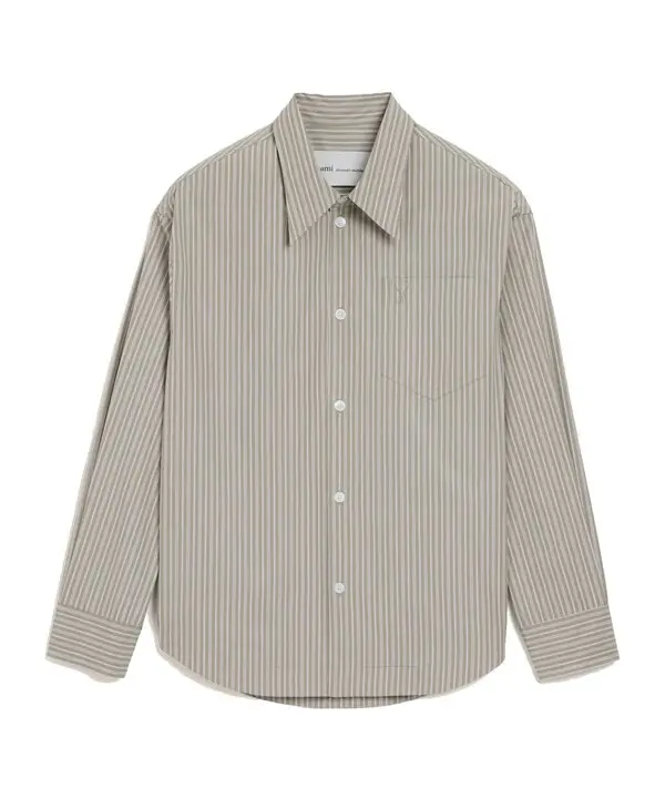 AMI Paris Striped Long-sleeved Collared Shirt - Gray
