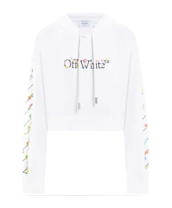 Off-White Floral Print Hooded Knitwear - White