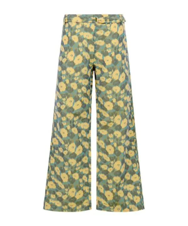 Marni Linen Blend Floral Print Wide Leg Trousers - Green