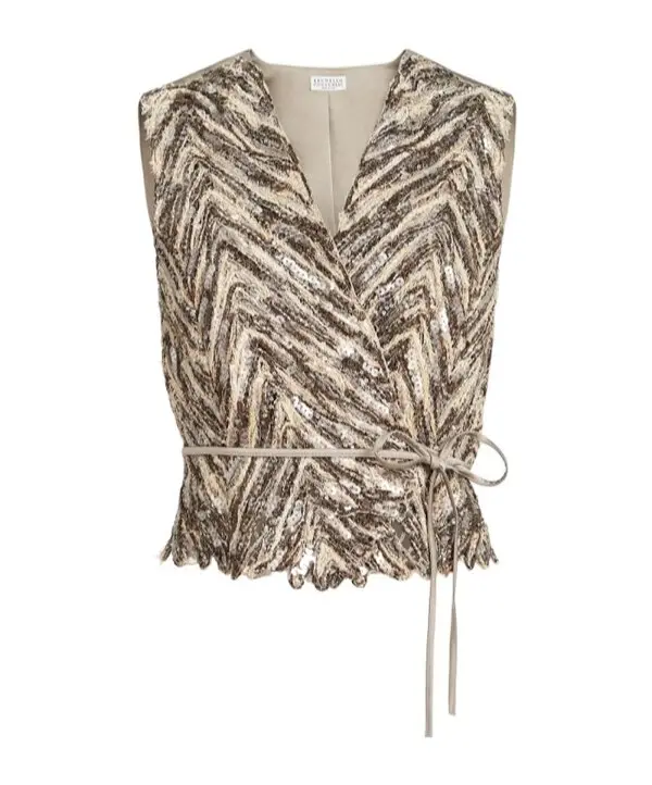 Brunello Cucinelli Sequin-embellished V-neck Vest - Nude