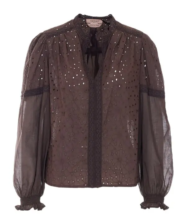 TWINSET Embroidered Balloon Sleeve Blouse - Brown
