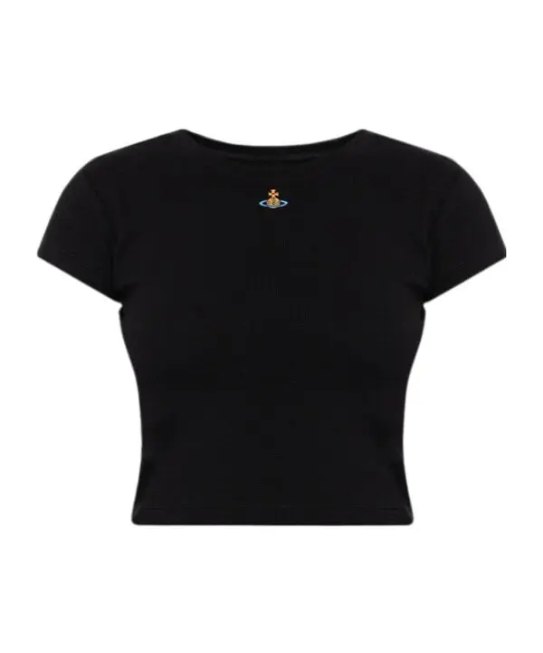 VIVIENNE WESTWOOD Logo Embroidered Ribbed T-shirt - Black