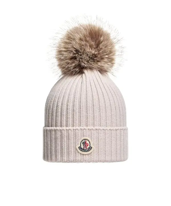 Moncler Ribbed Knit Beanie With Pom Pom - Light Beige