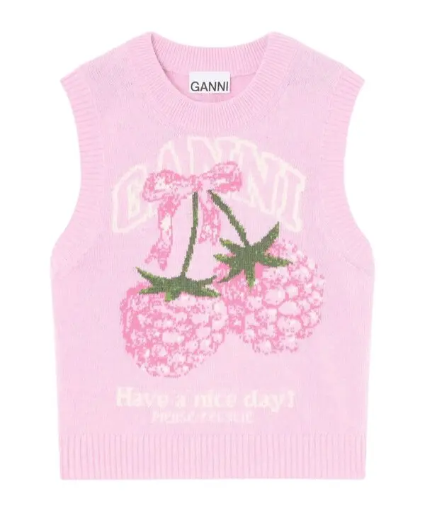 GANNI Graphic Intarsia Knit Sleeveless Top - Pink