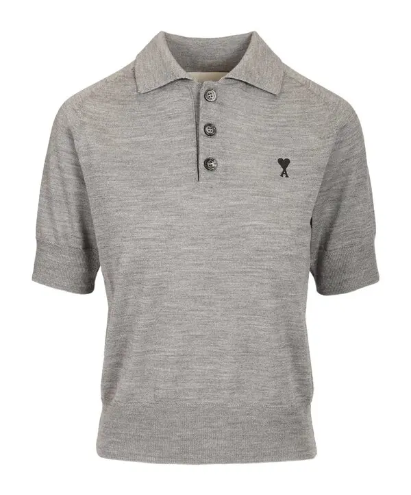 Ami Logo Embroidered Knitted Polo Top - Grey
