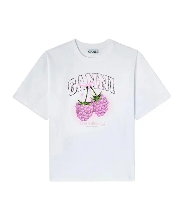 GANNI Rhinestone Raspberry Print T-shirt - White