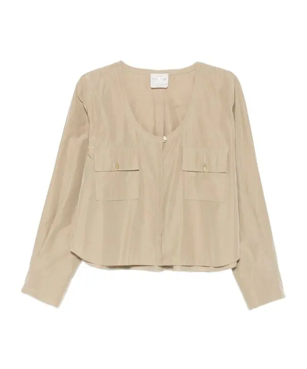 FORTE_FORTE Long Sleeve Blouse With Flap Pockets - Sand