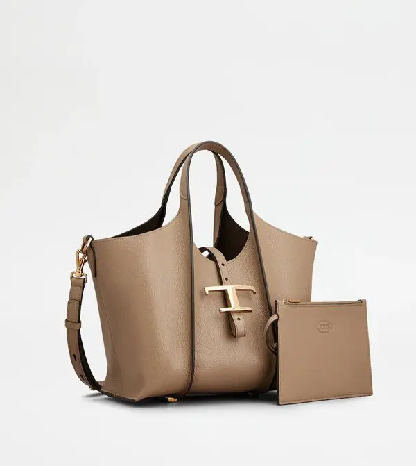 TOD'S Timeless Mini Shopping Bag In Calfskin With Ribbed Detailing - Beige