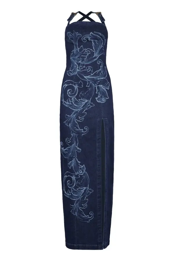 Versace Denim Maxi Dress With Side Slit