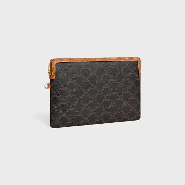 Celine Small Pouch With Strap In Triomphe Canvas And Calfskin - Tan