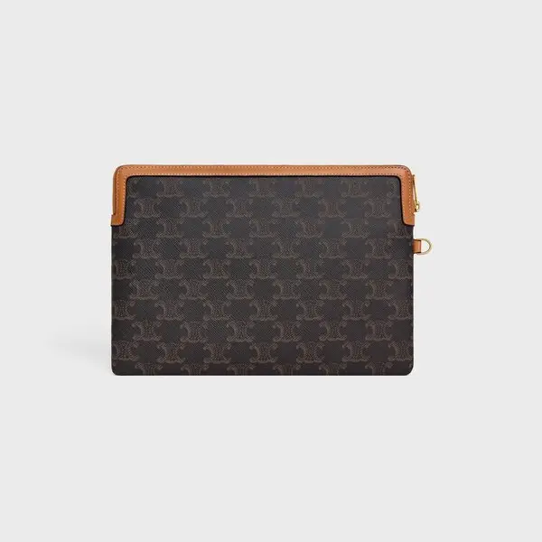 Celine Small Pouch With Strap In Triomphe Canvas And Calfskin - Tan
