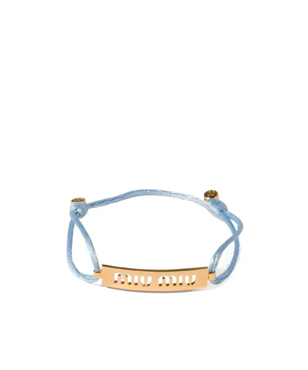 Miu Miu Cord And Metal Logo Bracelet - Gold/sky Blue