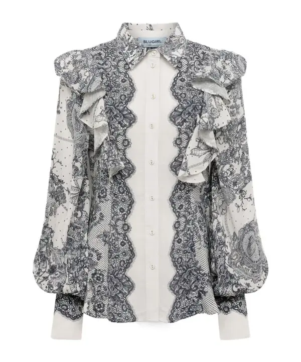 BLUGIRL Lace-print Ruffled Shirt - Gray