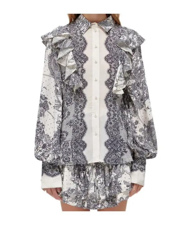 BLUGIRL Lace-print Ruffled Shirt - Gray
