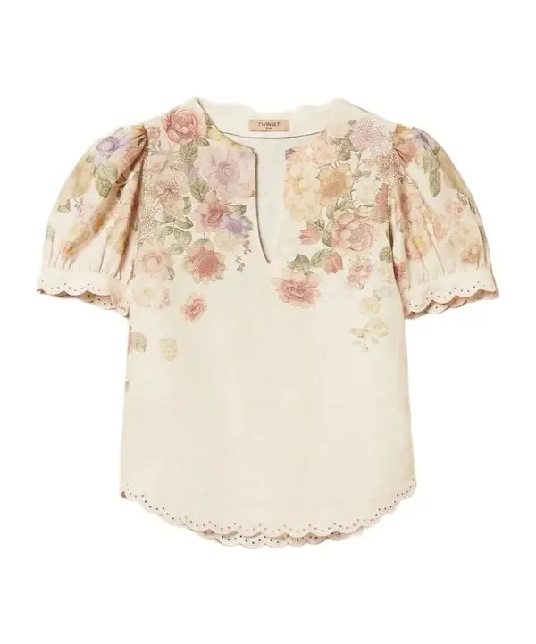 TWINSET Floral Embroidered V-neck Puff Sleeve Top - White
