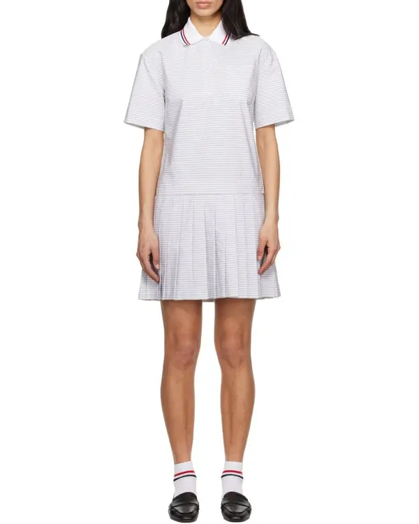 Thom Browne Striped Pleated Polo Mini Dress - Medium Gray