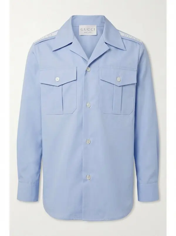 Gucci Logo Embellished Lapel Collar Shirt - Light Blue