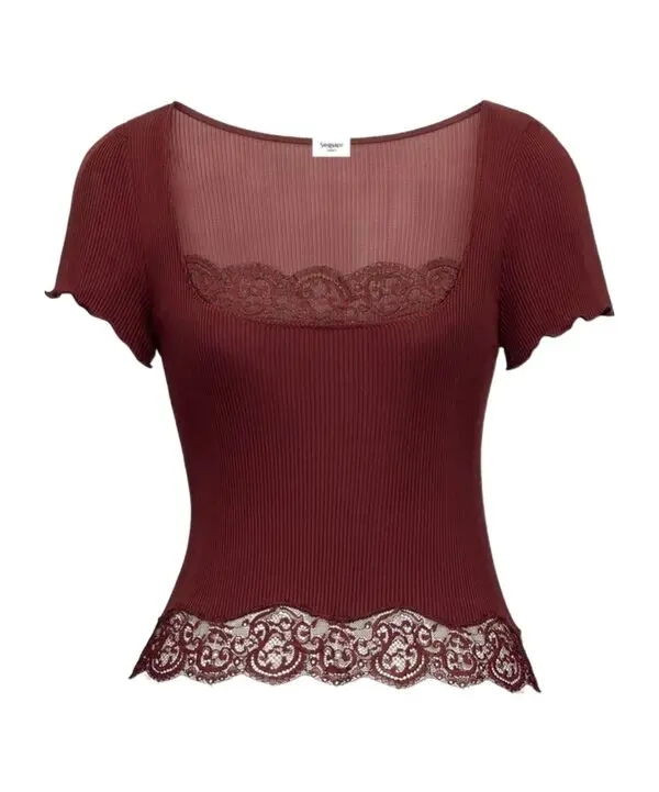 Saint Laurent Square Neck Ruffled Top - Deep Red