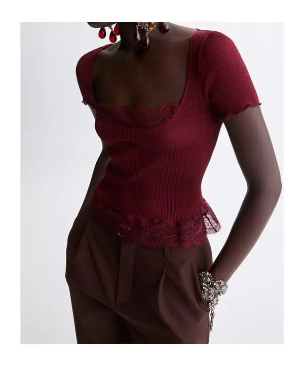 Saint Laurent Square Neck Ruffled Top - Deep Red