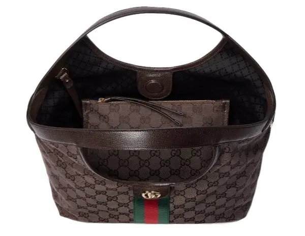 Gucci Small Tote Bag With Monogram And Web Stripe - Dark Brown