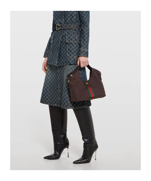 Gucci Small Tote Bag With Monogram And Web Stripe - Dark Brown