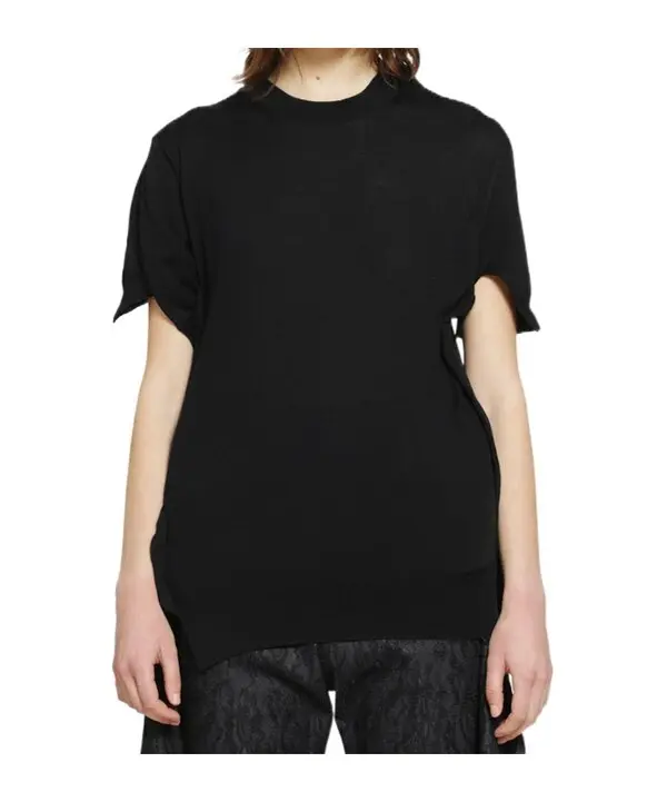 Junya Watanabe Crew Neck Short Sleeve Sweater With Ribbed Hem And Slit Cuffs