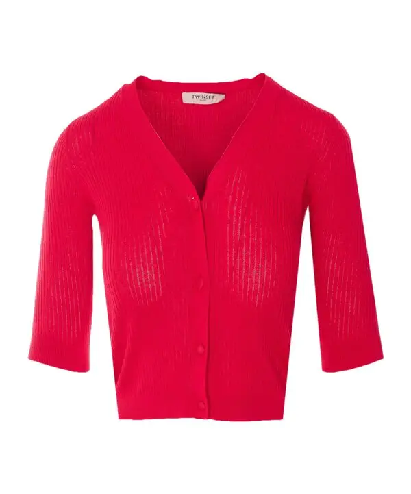TWINSET Cropped Ribbed Cardigan With Front Button Closure - Red