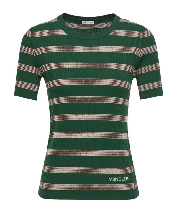Moncler Striped Cotton Short Sleeve Polo Shirt - Green