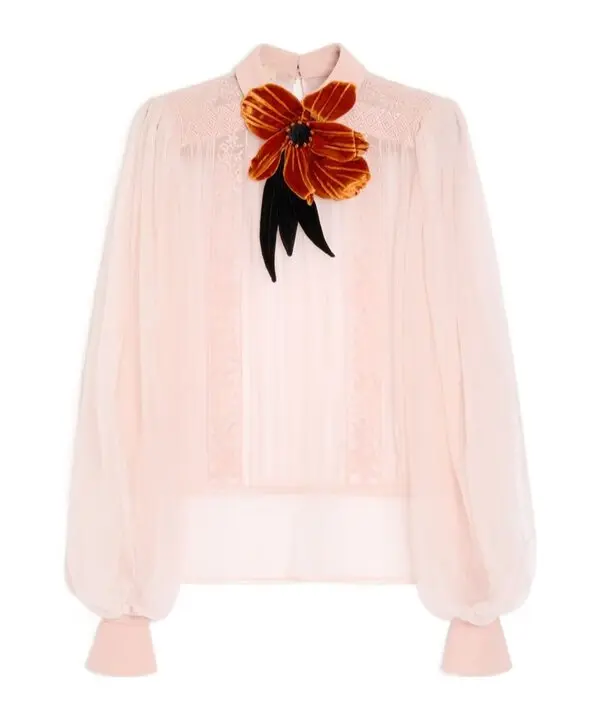 Valentino Garavani Embroidered Organza Top With Velvet Flower Applique - Pink