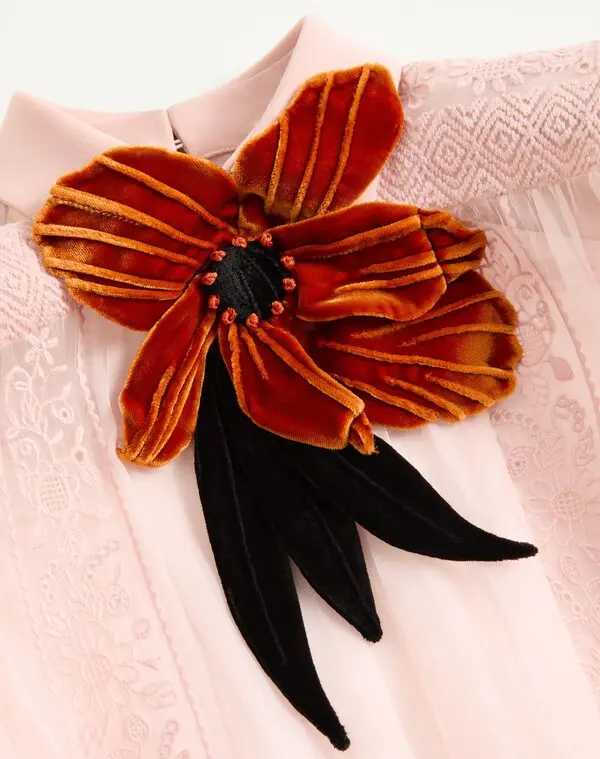 Valentino Garavani Embroidered Organza Top With Velvet Flower Applique