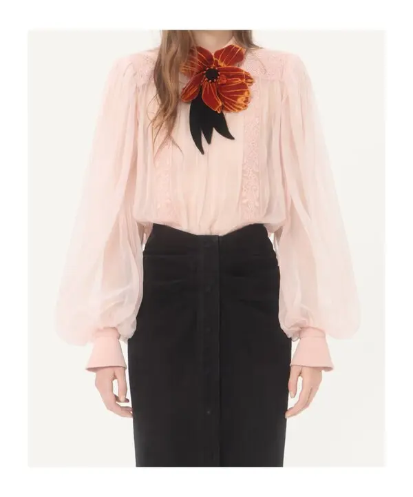 Valentino Garavani Embroidered Organza Top With Velvet Flower Applique