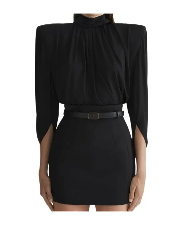 MUGLER High Neck Pleated Long Sleeve Top