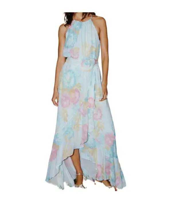 Marella Sleeveless Ruffled Halterneck Maxi Dress With Fabric Flower Detail