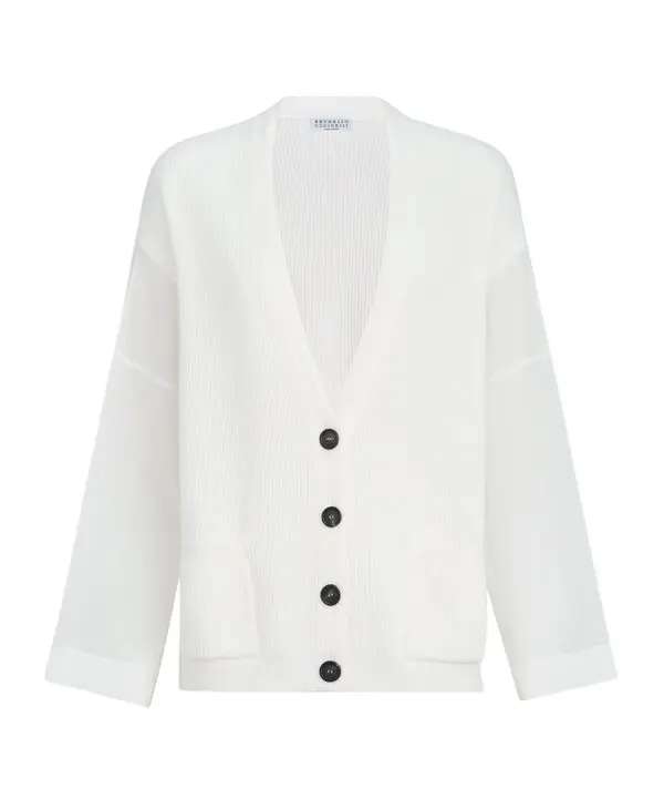 Brunello Cucinelli Organza Sleeved Ribbed Cardigan - White