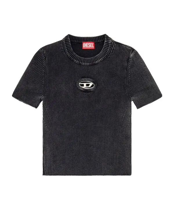 DIESEL® Ribbed Logo Short Sleeve Cropped Knit Top - Black