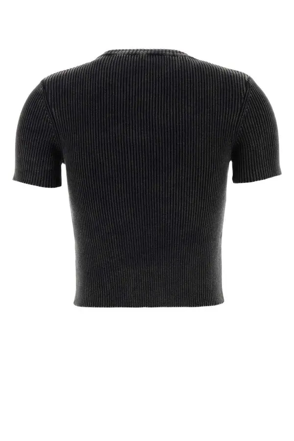 DIESEL® Ribbed Logo Short Sleeve Cropped Knit Top - Black
