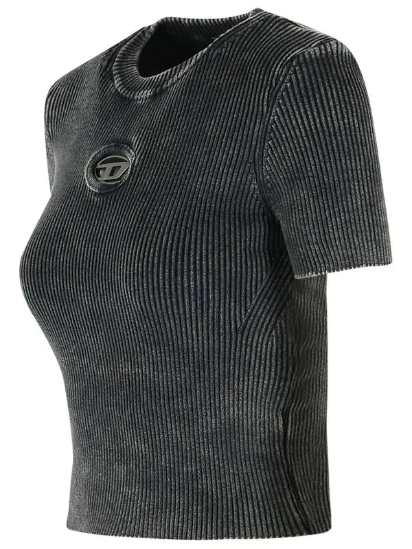 DIESEL® Ribbed Logo Short Sleeve Cropped Knit Top - Black
