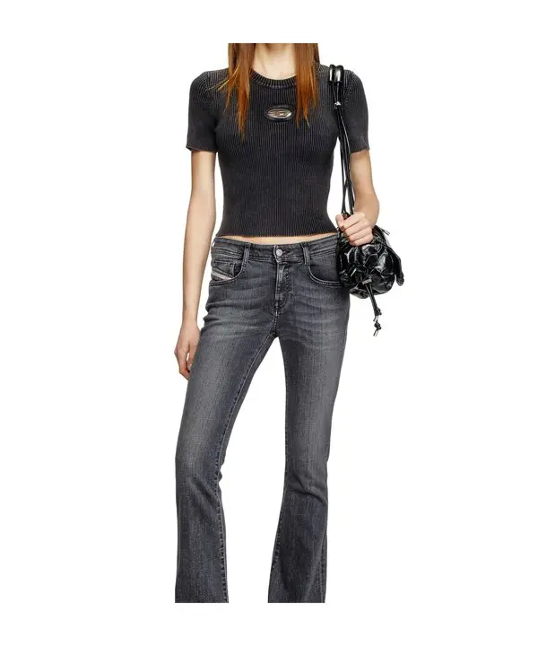 DIESEL® Ribbed Logo Short Sleeve Cropped Knit Top - Black
