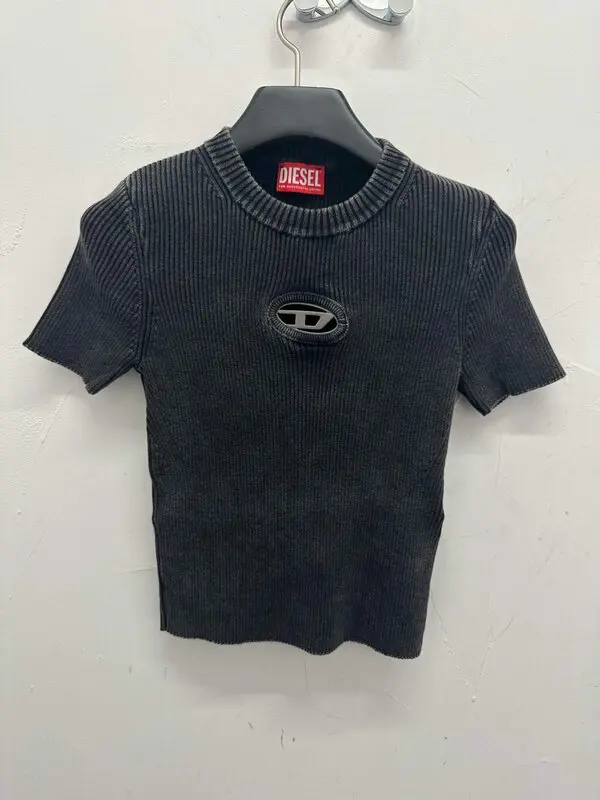 DIESEL® Ribbed Logo Short Sleeve Cropped Knit Top - Black