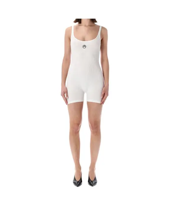 MARINE SERRE Moon Logo Ribbed Jersey Short Catsuit - White