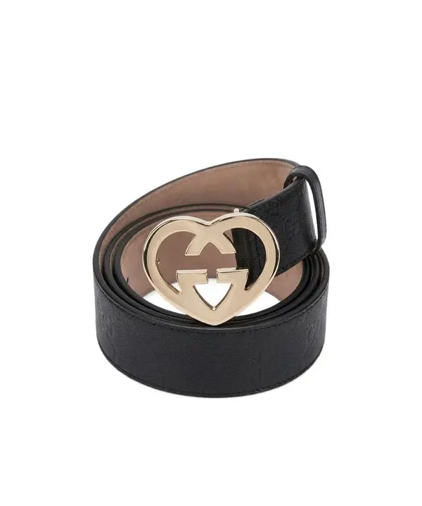 Gucci Logo Heart Buckle Leather Belt - Black