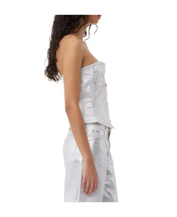 GANNI Off-the-shoulder Foil Denim Top - White