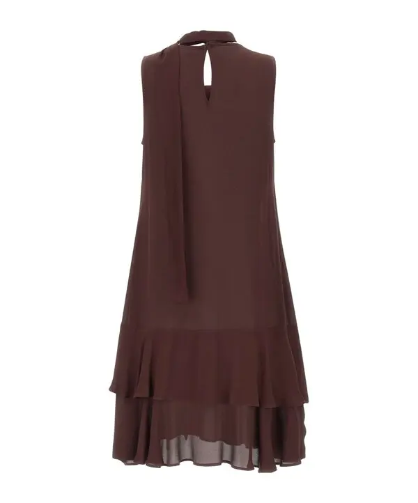 KAOS Sleeveless V-neck Dress With Scarf Detail And Ruffled Hem